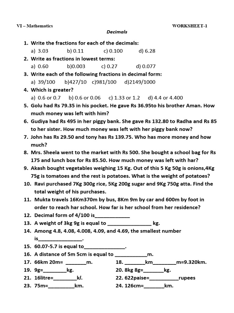 CBSE Class 6 Mathematics Decimals Worksheet | PDF