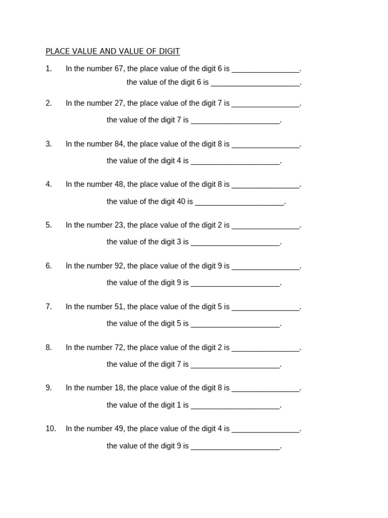 Place Value and Value of Digit | PDF