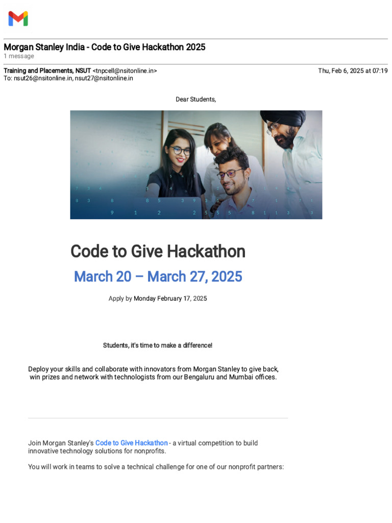 Gmail - Morgan Stanley India - Code To Give Hackathon 2025 | PDF