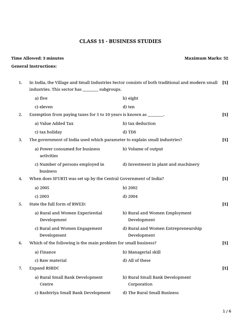 Business Studies Class 11 Chapte 8 Small Business MCQS | PDF ...