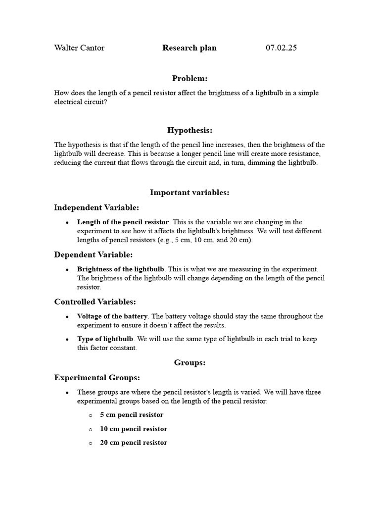 Walter Cantor Complete Research Plan Steam 2025 | PDF | Resistor | Experiment
