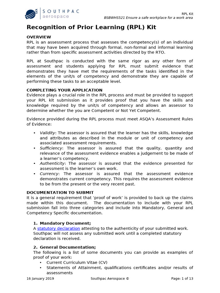 RPL Kit BSBWHS521 Ensure A Safe Workplace For A Work Area | PDF