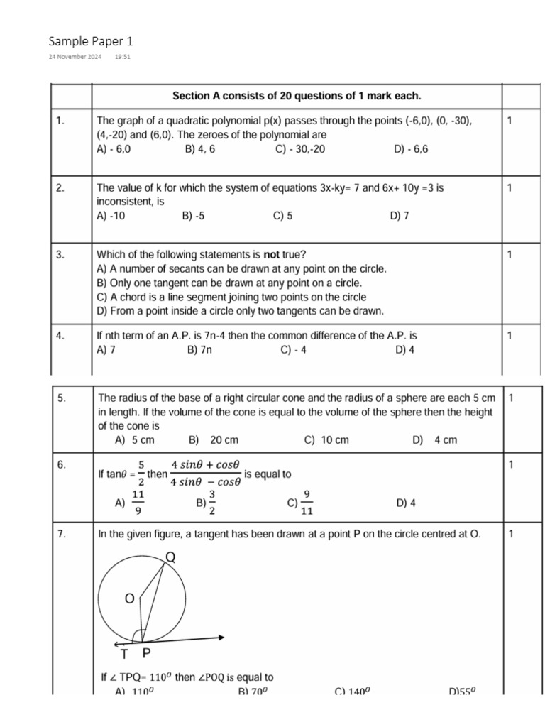 Sample Paper 1 2024-25 | PDF