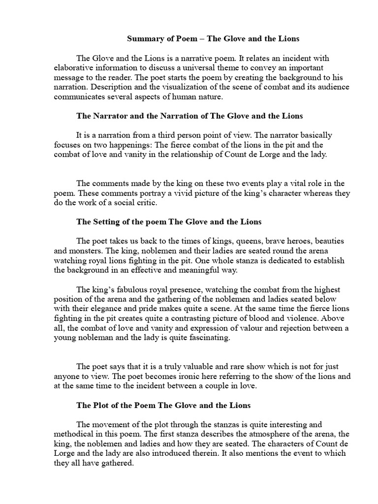 Summary of Poem - The Glove and The Lions | PDF | Narration | Poetry