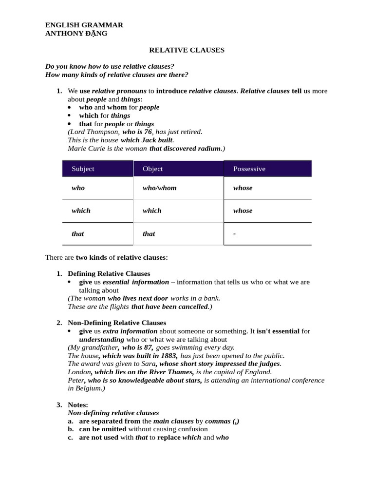 English Grammar Anthony Đặng Relative Clauses | PDF