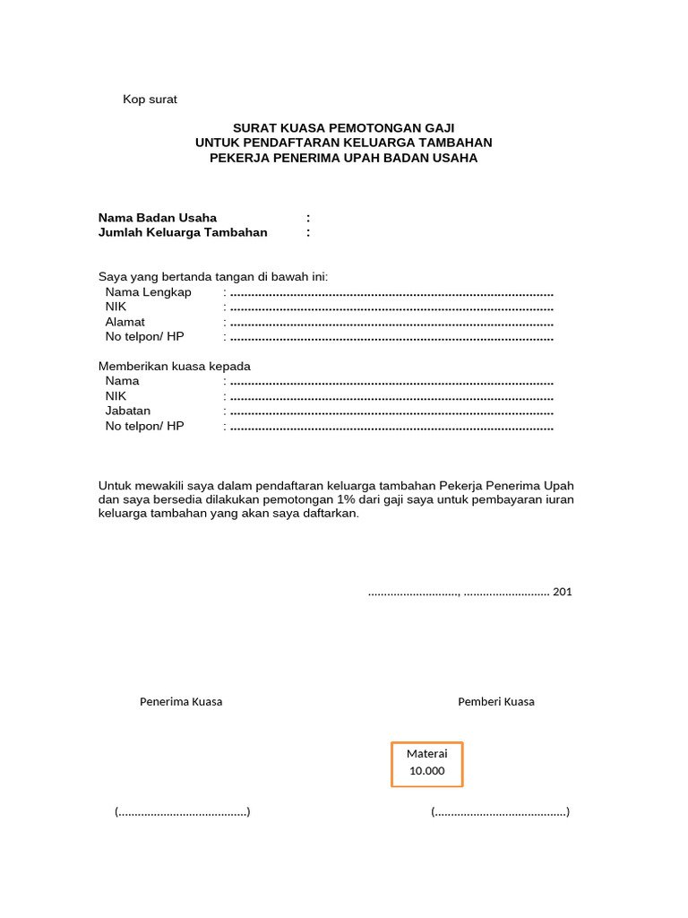 Surat Kuasa Keluarga Tambahan 1 BPJS Kesehatan | PDF