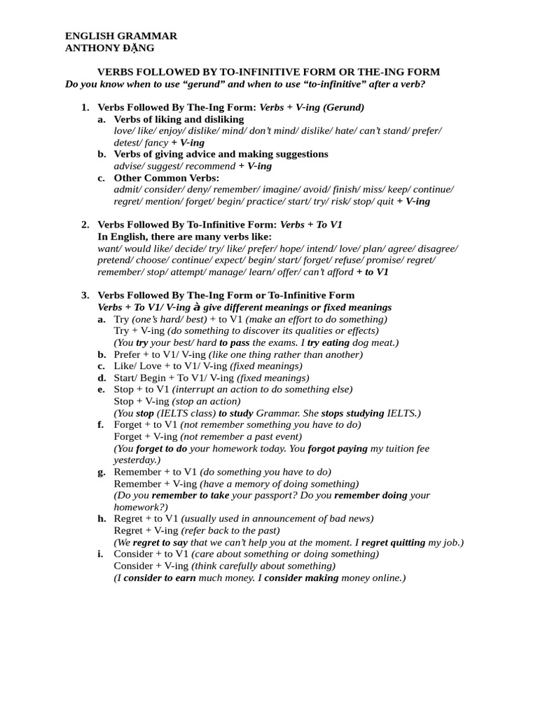 ENGLISH GRAMMAR ANTHONY ĐẶNG VERBS FOLLOWED BY TO INFINITIVE OR THE ING ...