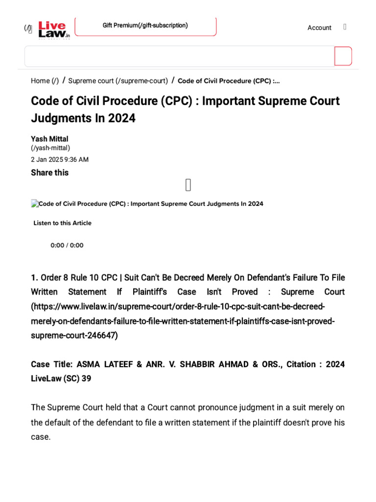 Code of Civil Procedure CPC Important Supreme Court Judgments in | PDF | Lawsuit | Judgment (Law)