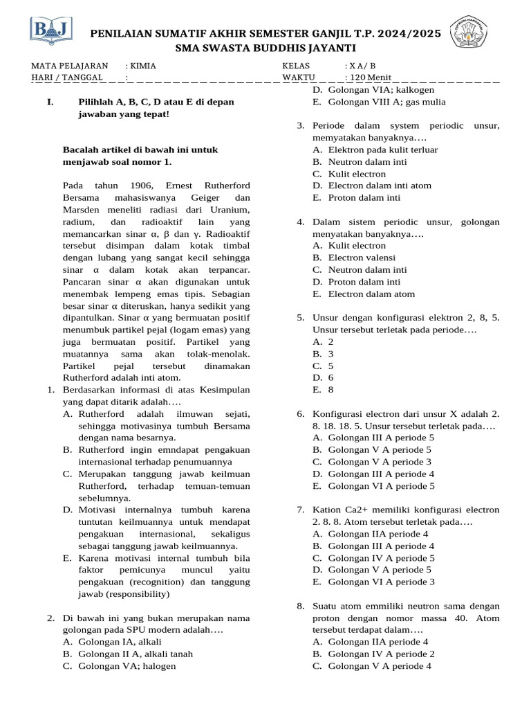 Soal Pas Kimia Kelas 10 Mia | PDF