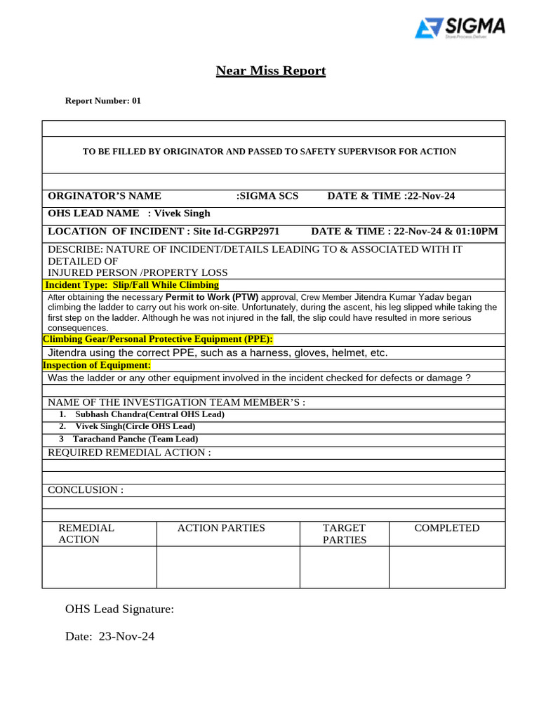 Sigma - Near Miss Report - CGRP2971 | PDF