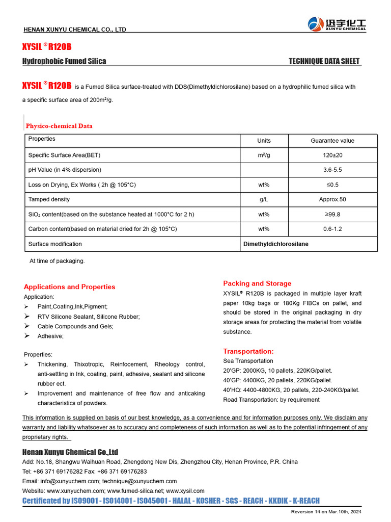 TDS-XYSIL R120B Fumed Silica | PDF | Silicon Dioxide | Silicone