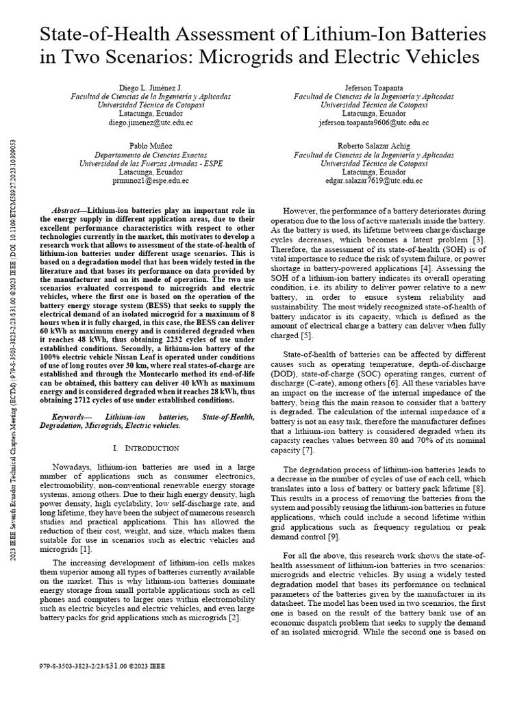 State Of Health Assessment Of Lithium Ion Batteries In Two Scenarios Microgrids And Electric