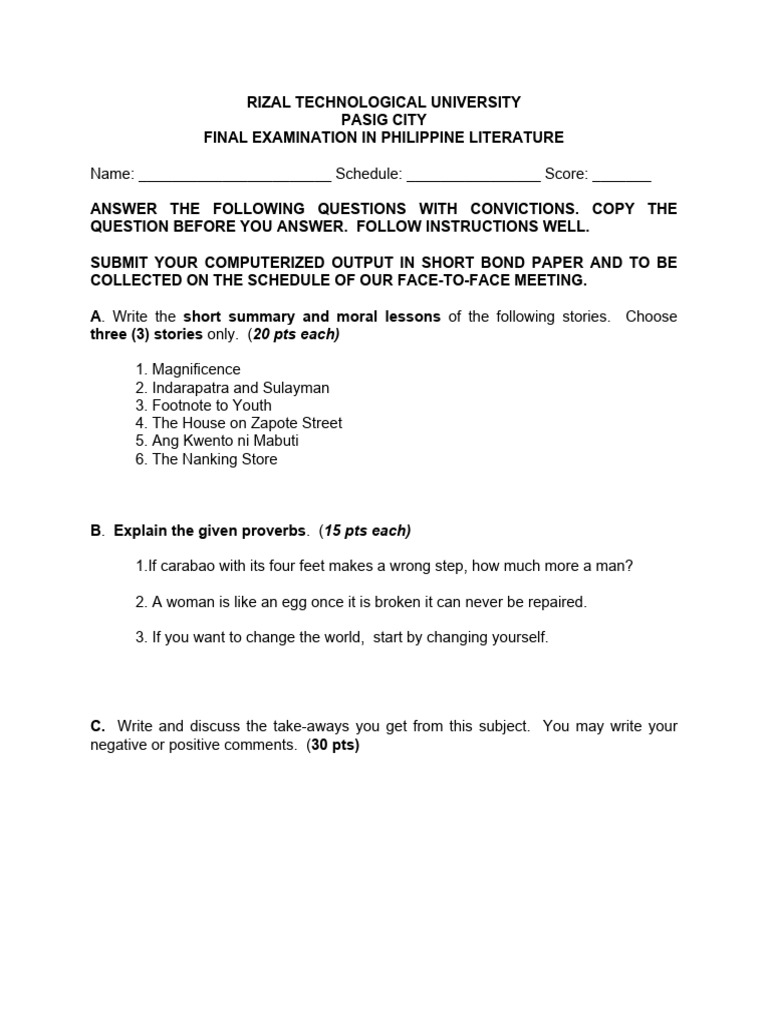 Philippine Literature Final Exam Guide | PDF