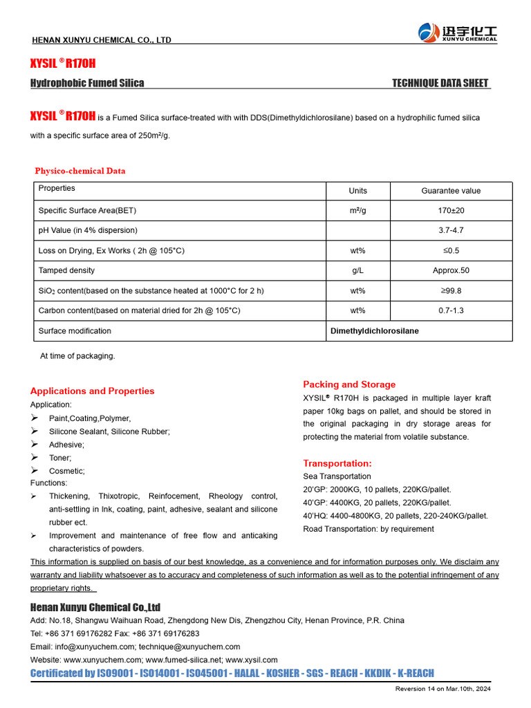 TDS-XYSIL R170H Fumed Silica | PDF | Silicon Dioxide | Silicone