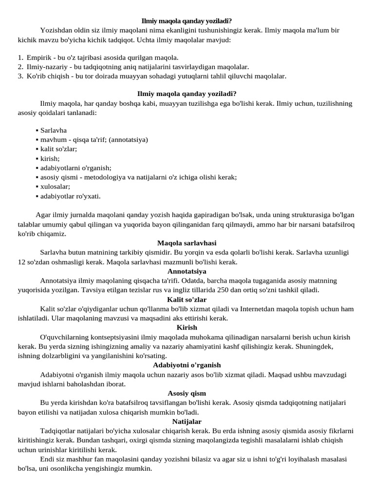 Ilmiy Maqola Qanday Yoziladi | PDF