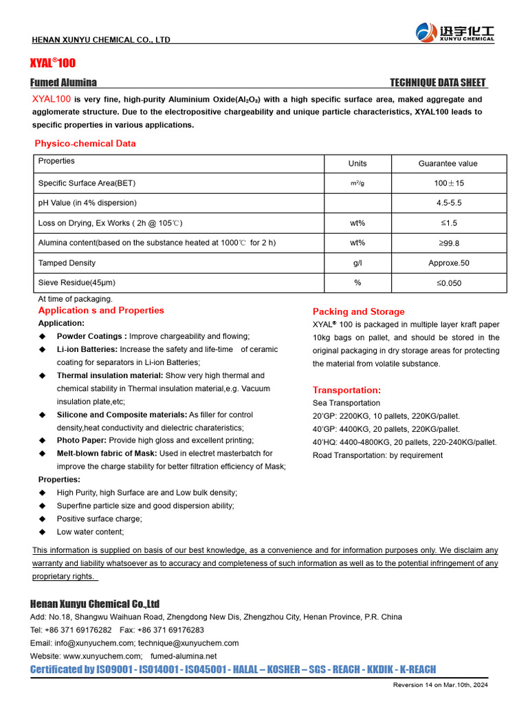 TDS - Fumed Alumina - Xyal100 | PDF | Aluminium Oxide | Materials