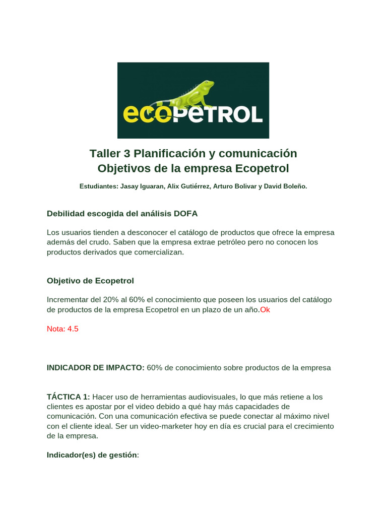Ecopetrol - Taller Objetivos - Jasay Iguaran, Alix Gutiérrez, Arturo ...