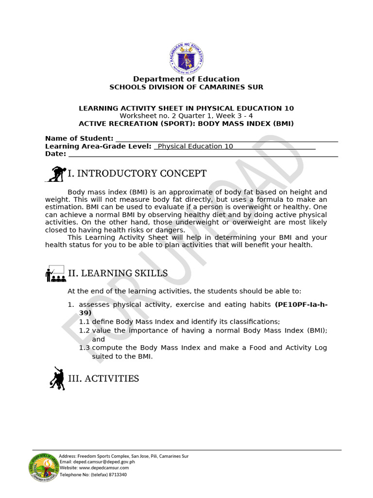 BMI Calculation and Health Activity Sheet | PDF | Body Mass Index | Weight