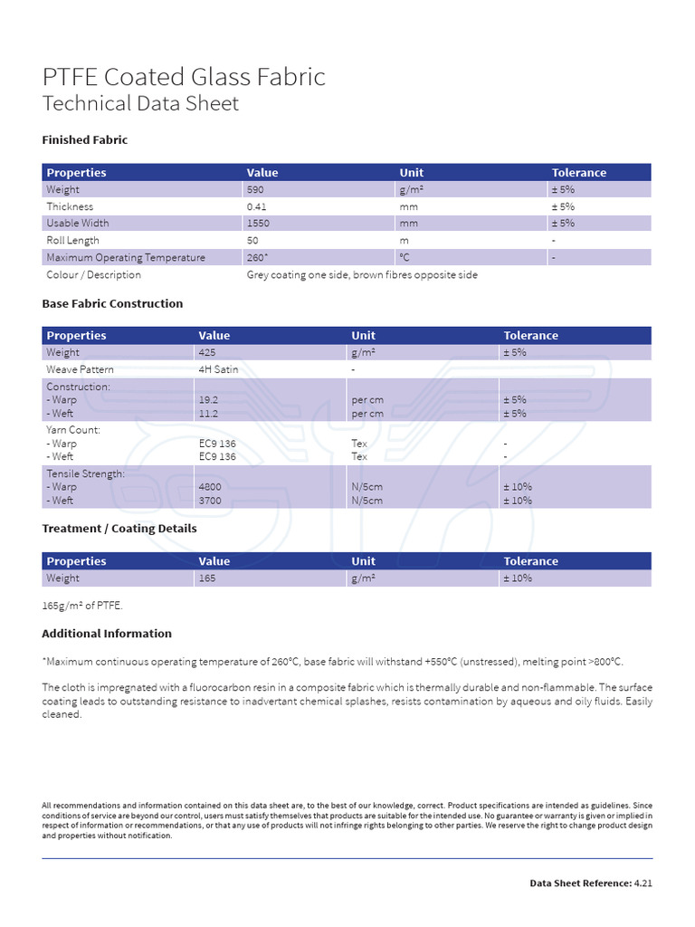 Ptfe Coated Glass Fabric Tds | PDF | Textiles | Glasses