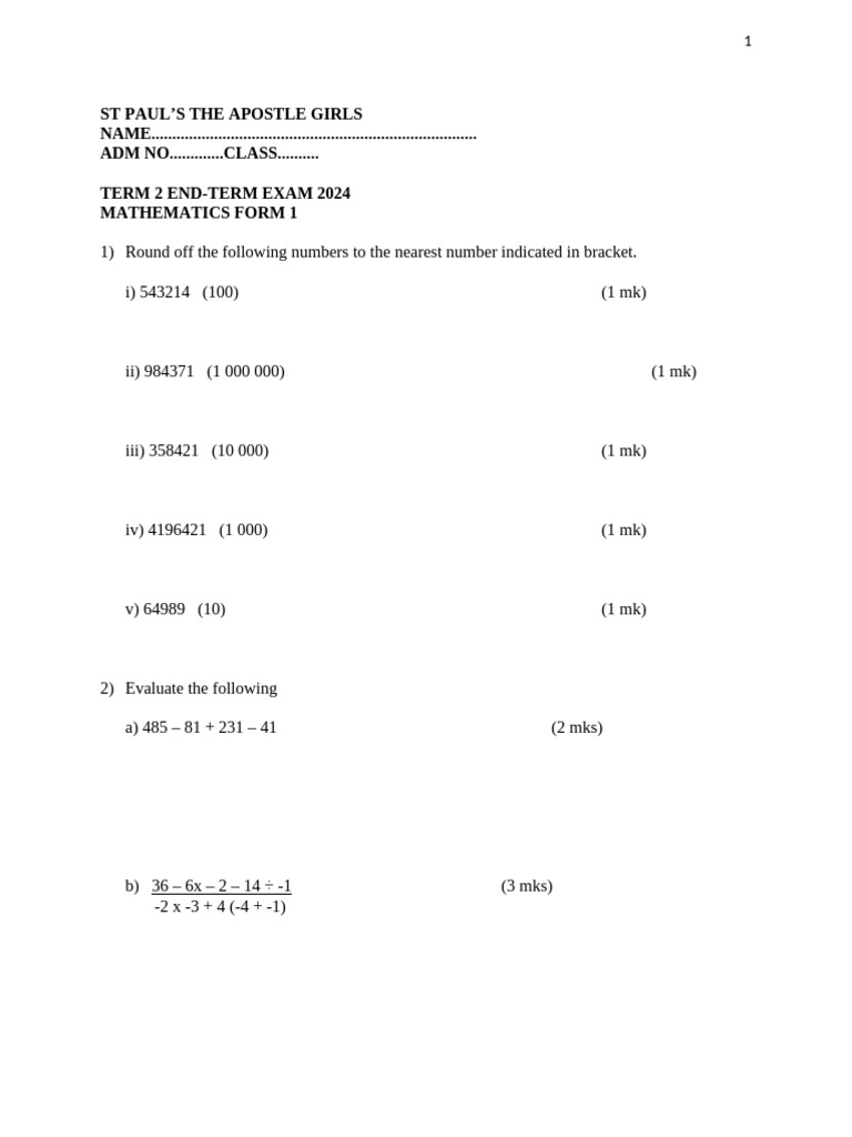 Form 1 Mathematics Exam Paper 2024 | PDF | Arithmetic | Elementary Mathematics