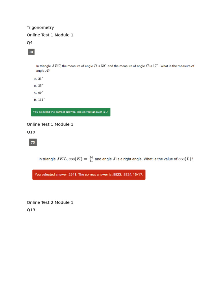 Trigonometry DSAT Bluebook Test Questions | PDF