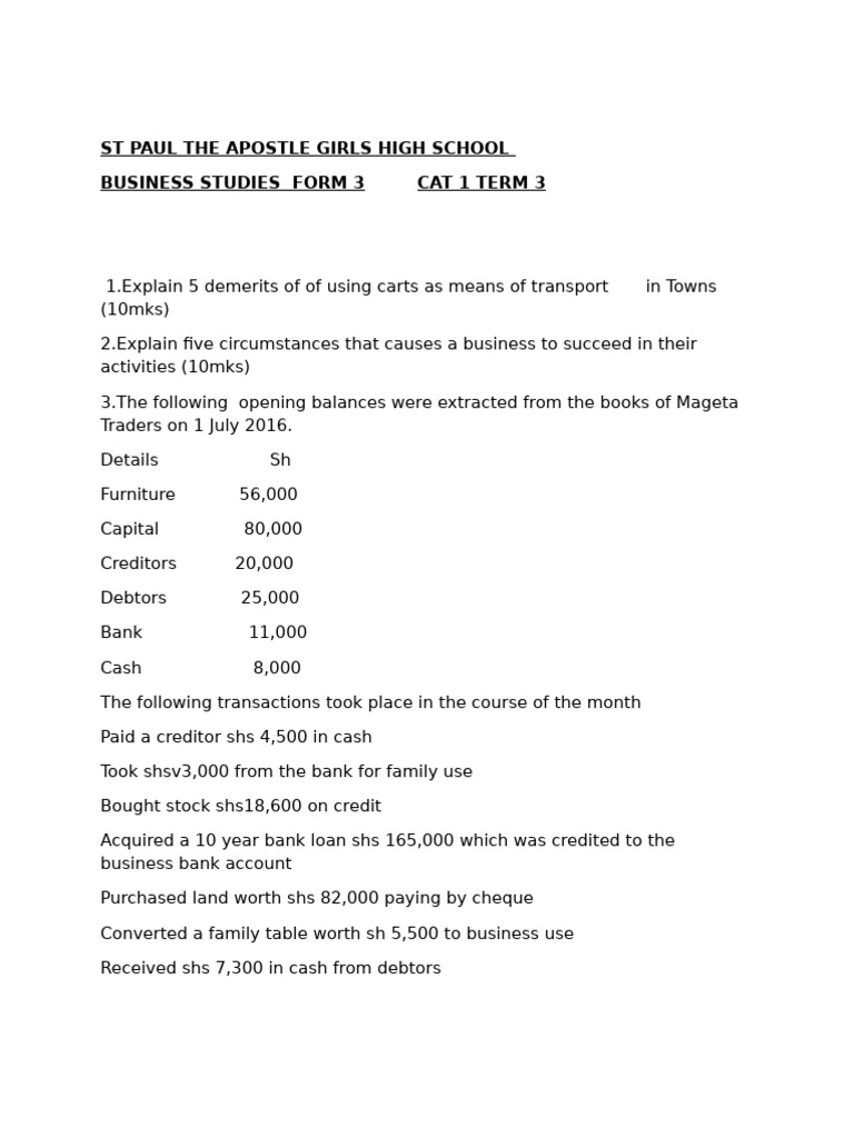 BST Form 3 Cat 1 Term 3 | PDF