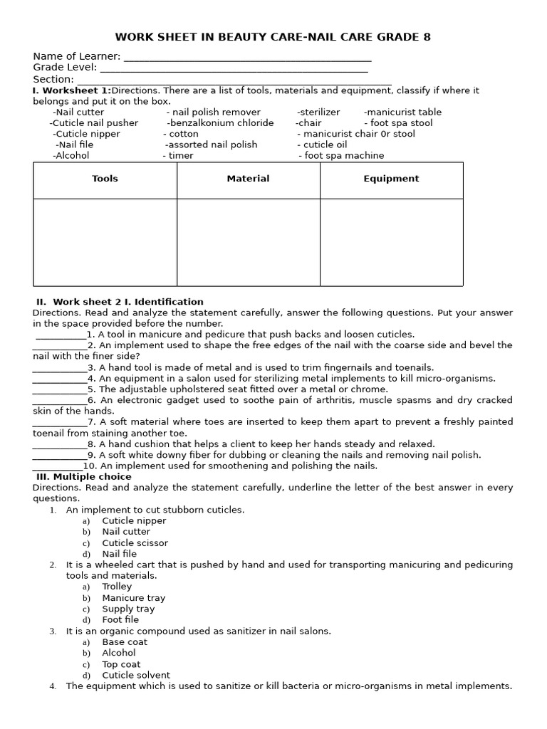 Grade 8 Nail Care Worksheet | PDF | Nail (Anatomy) | Foot