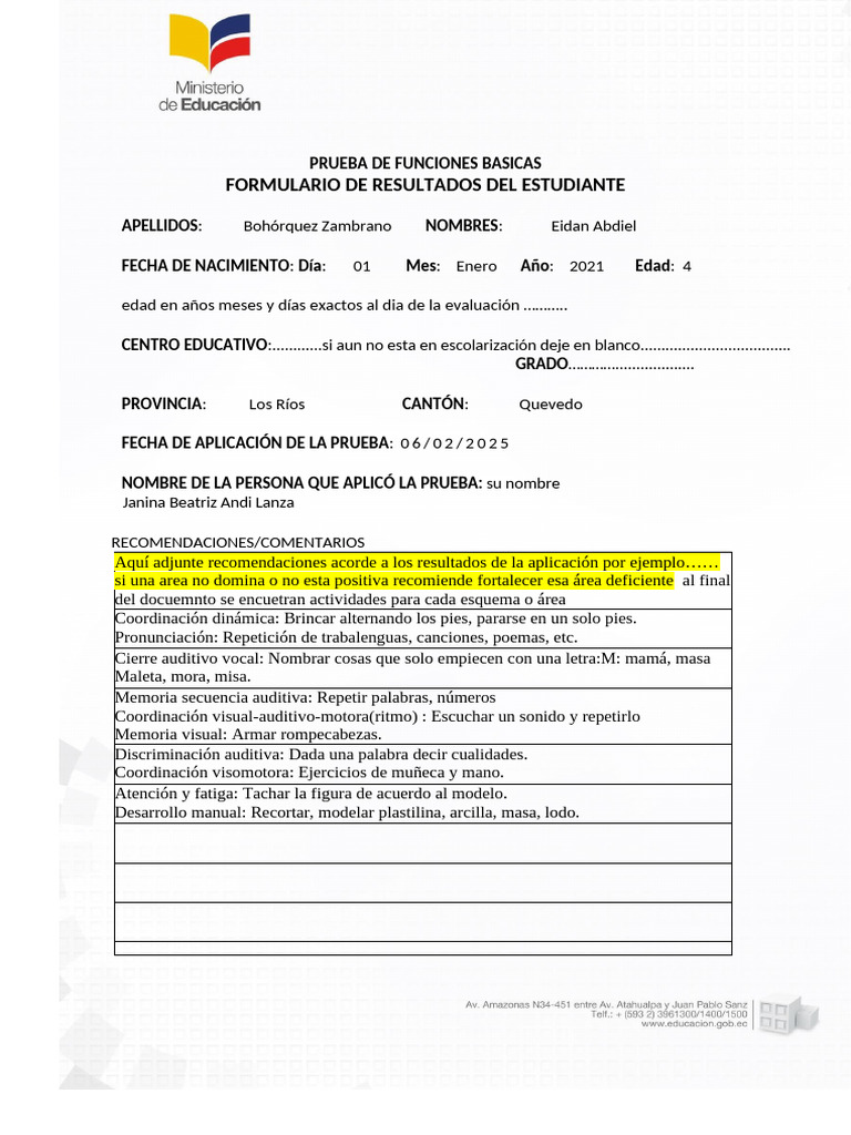 Informe Prueba Funciones Basicas Ebsf - 2105 | PDF