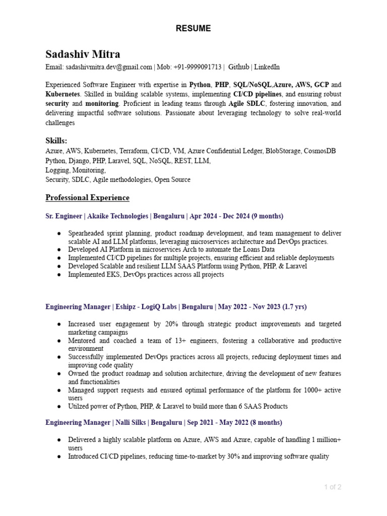 Resume-Sadashiv-Mitra-5 | PDF | Software Development Process | Microsoft Azure