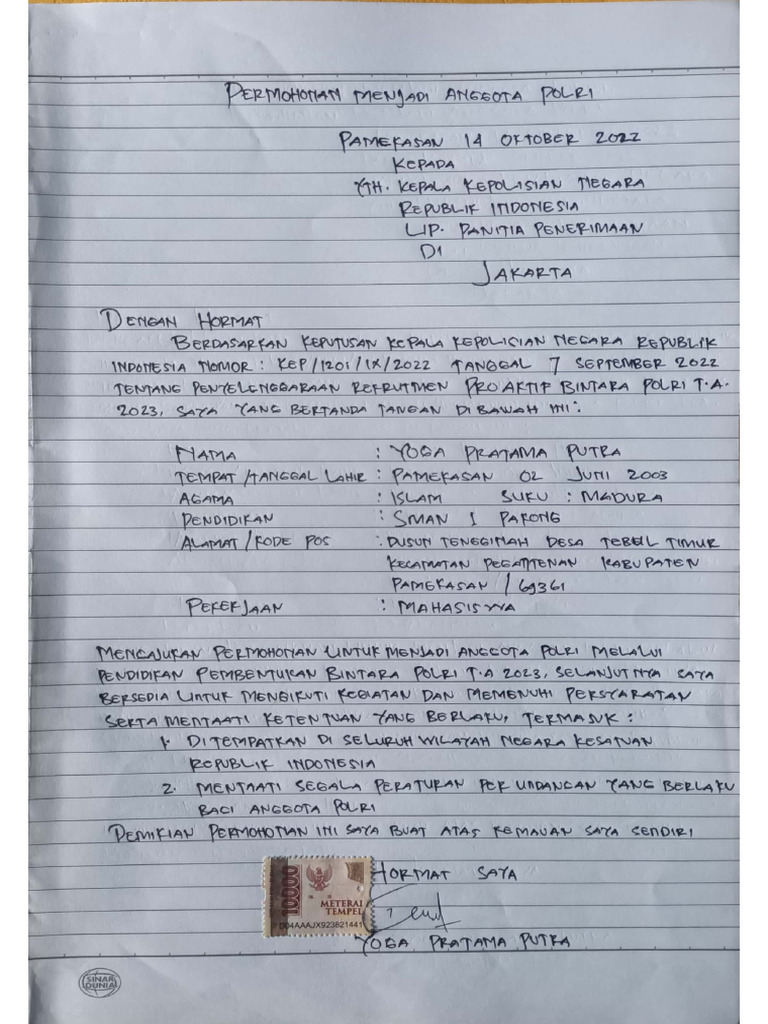 Permohonan Menjadi Anggota Polri | PDF