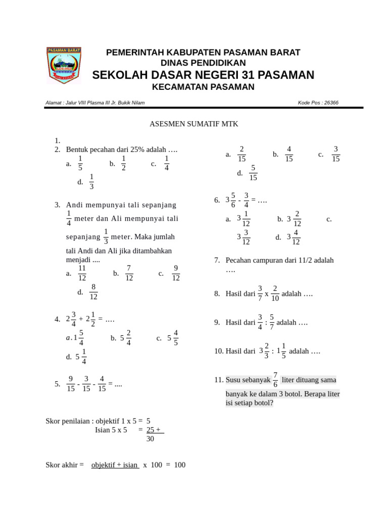 Asesmen Sumatif MTK | PDF