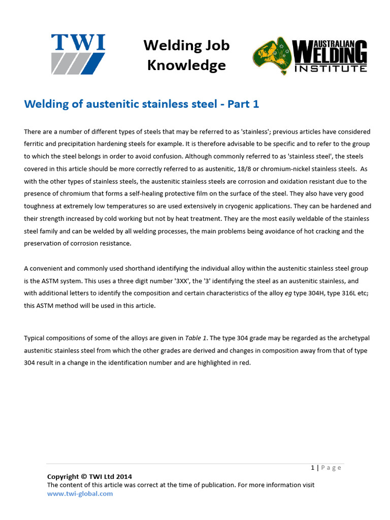 Welding Job Knowledge Austenitic-Stainless-Steel-Pt-1 | PDF | Stainless ...
