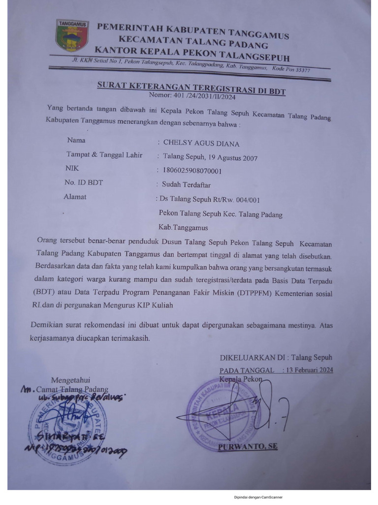 surat registrasi di bdt | PDF