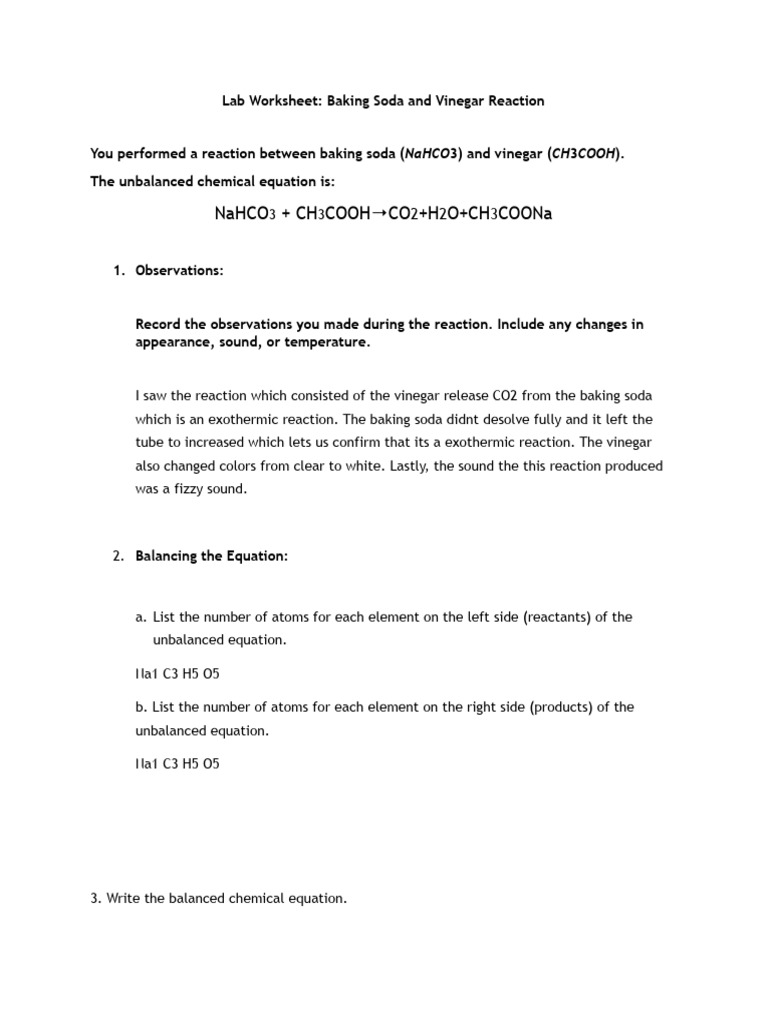 Lab Worksheet. Baking Soda and Vinegar Reaction | PDF