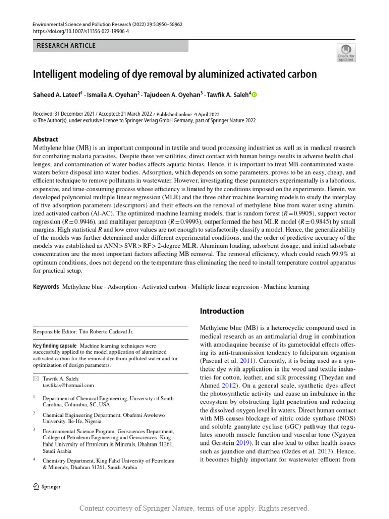 Intelligent Modeling of Dye Removal by Aluminized | PDF | Support ...