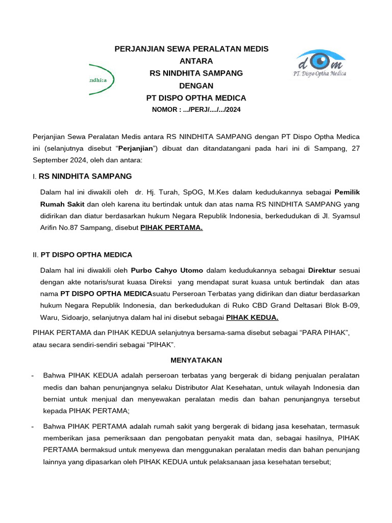Perjanjian Sewa Peralatan Medis Rs Nindhita | PDF