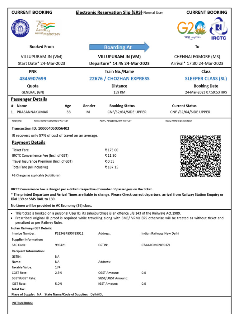 Chozhan Express Sleeper Class (SL) | PDF | Identity Document
