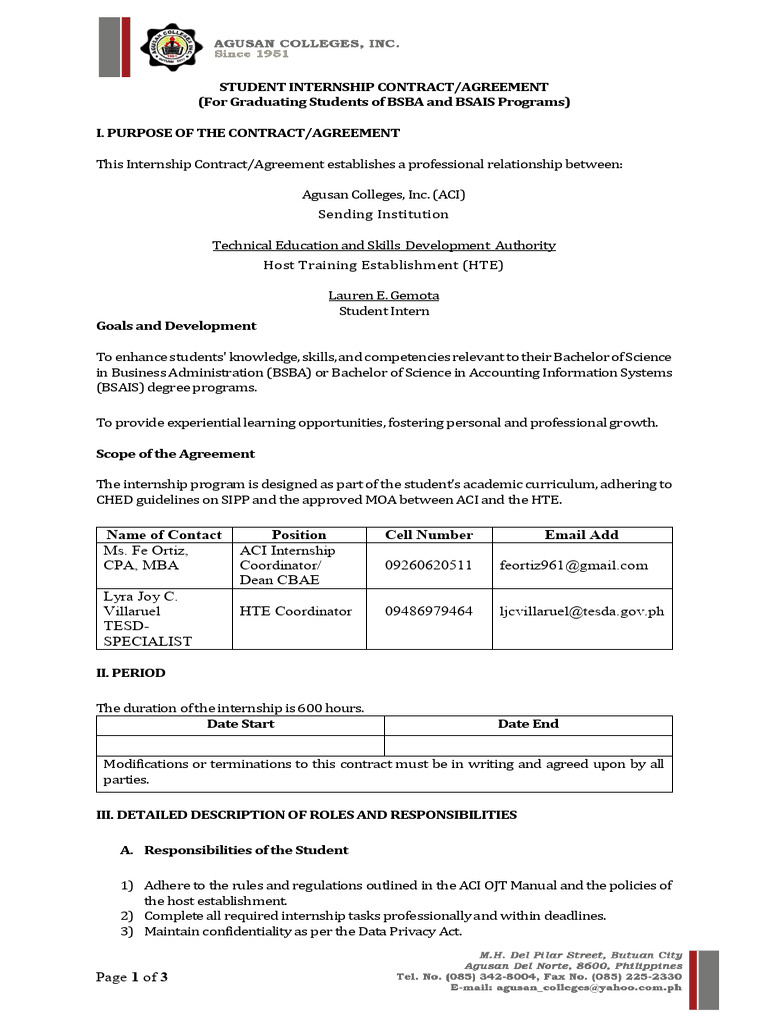 Internship Contract Individual Aci Lauren | PDF | Business
