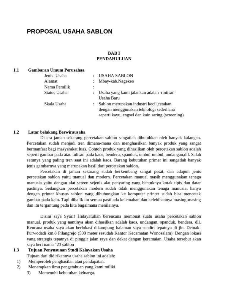 Proposal Usaha Sablon | PDF