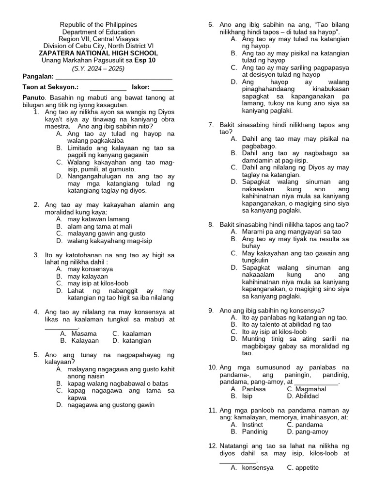 EsP 10 test paper. 1st grading 2024-2025 | PDF