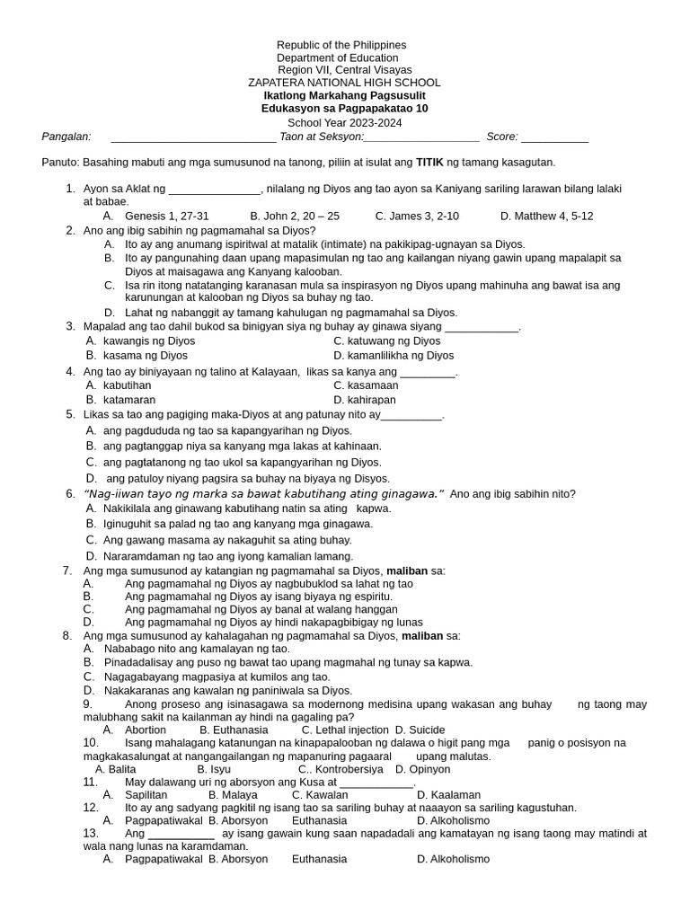 ESP 10 3rd Grading Test Paper 2023-2024 | PDF