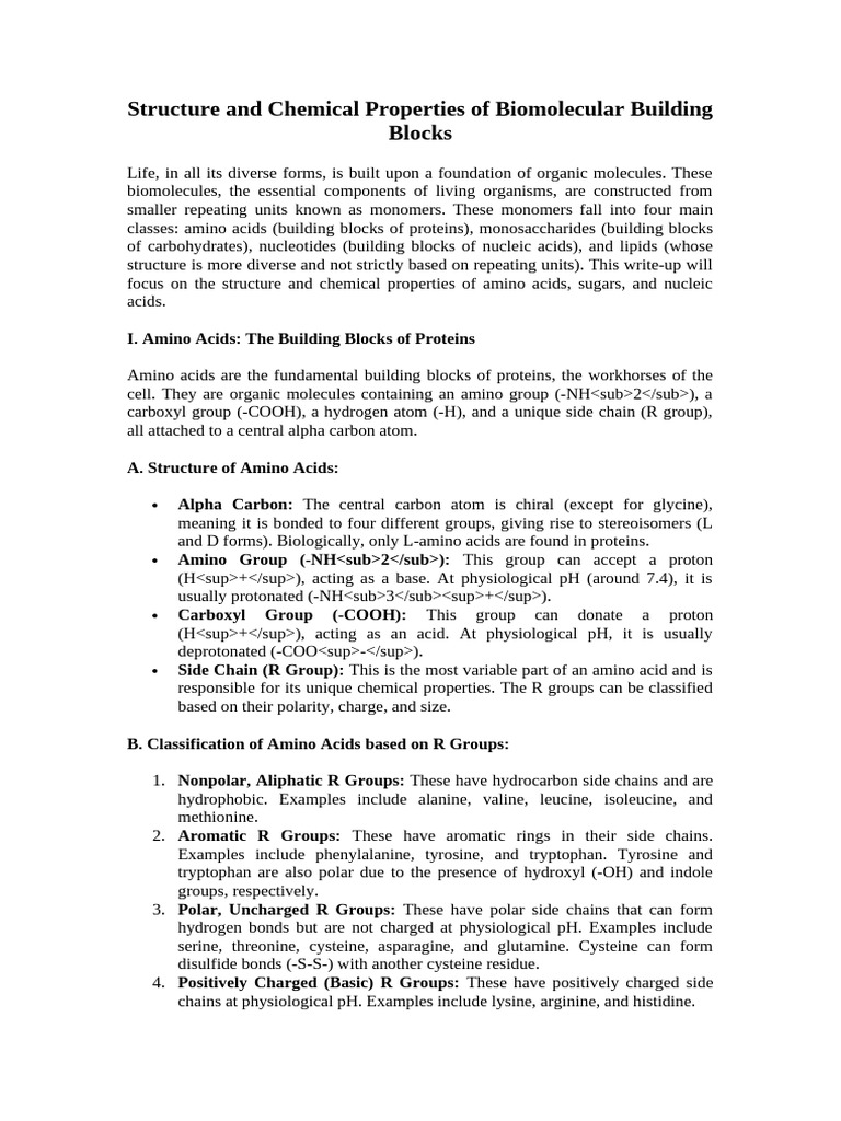 Structure and Chemical Properties of Biomolecular Building Blocks | PDF ...