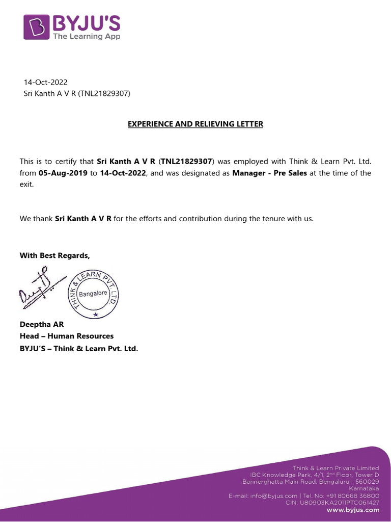 BYJU'S Experience Letter for Sri Kanth A V R | PDF