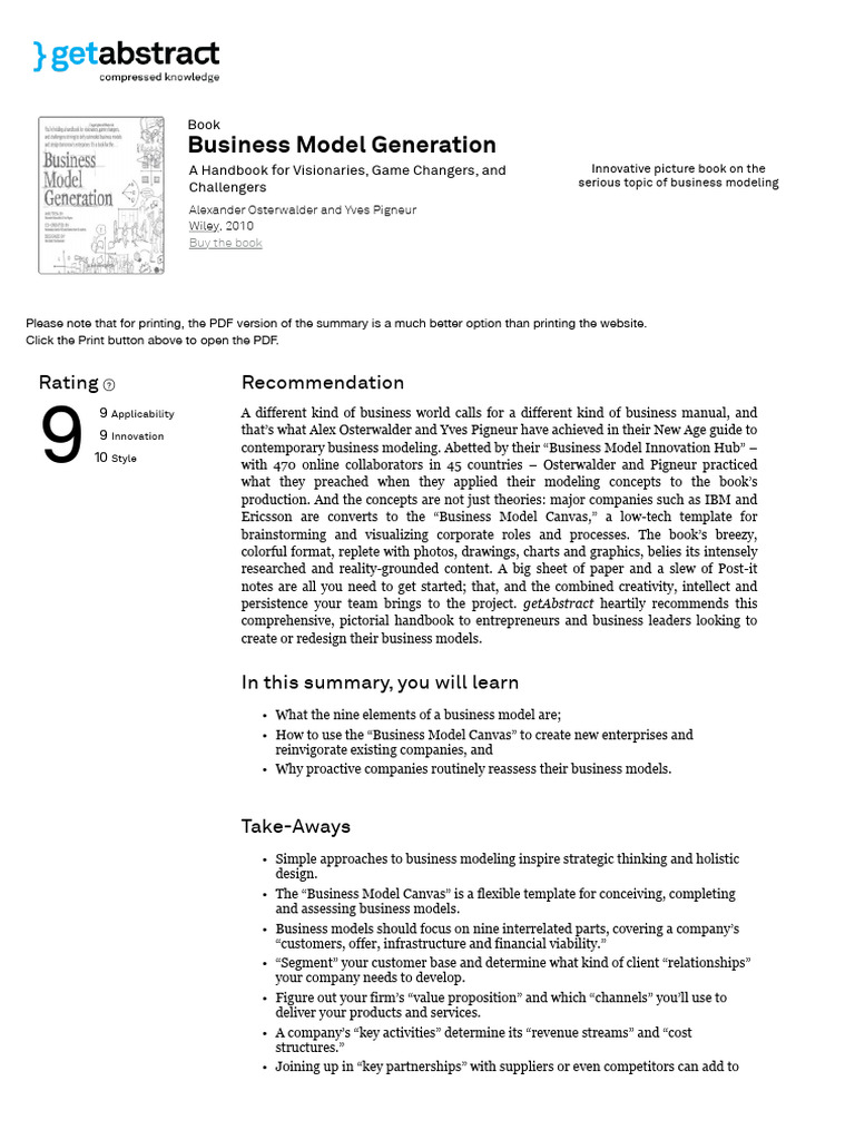 Business Model Generation Summary | PDF | Business Model | Swot Analysis