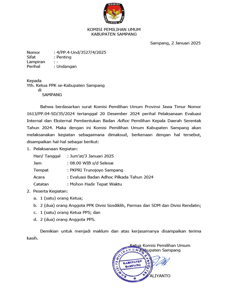 Undangan Evaluasi Pilkada Sampang 2024 | PDF