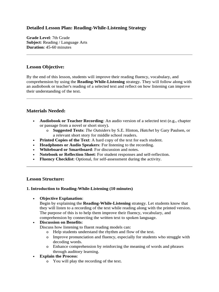 Reading-While-Listening Lesson Plan | PDF | Reading Comprehension | Fluency