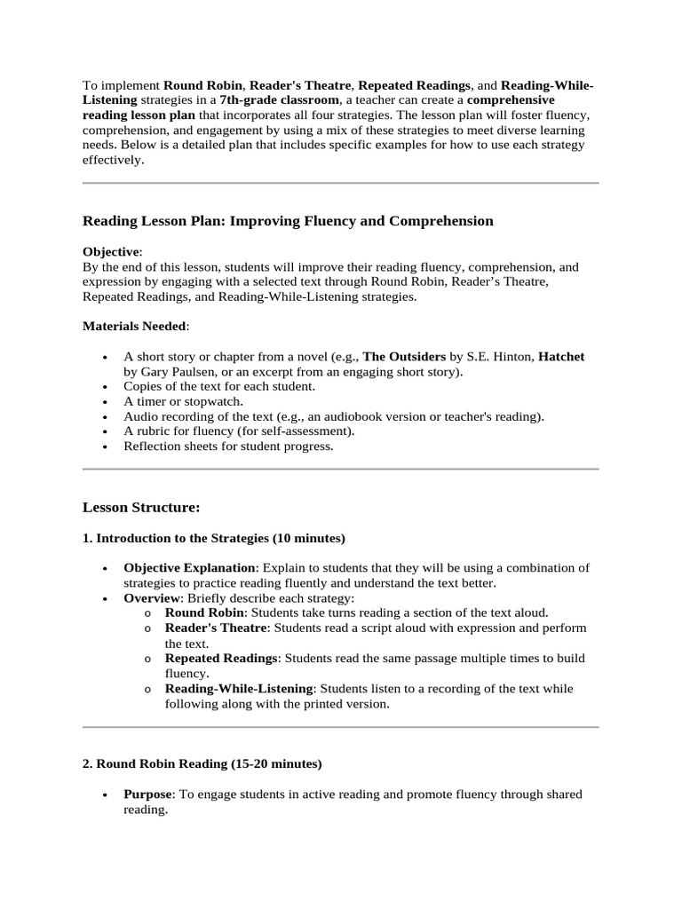 Reading Lesson Plan Improving Fluency and Comprehension | PDF | Reading Comprehension | Learning ...