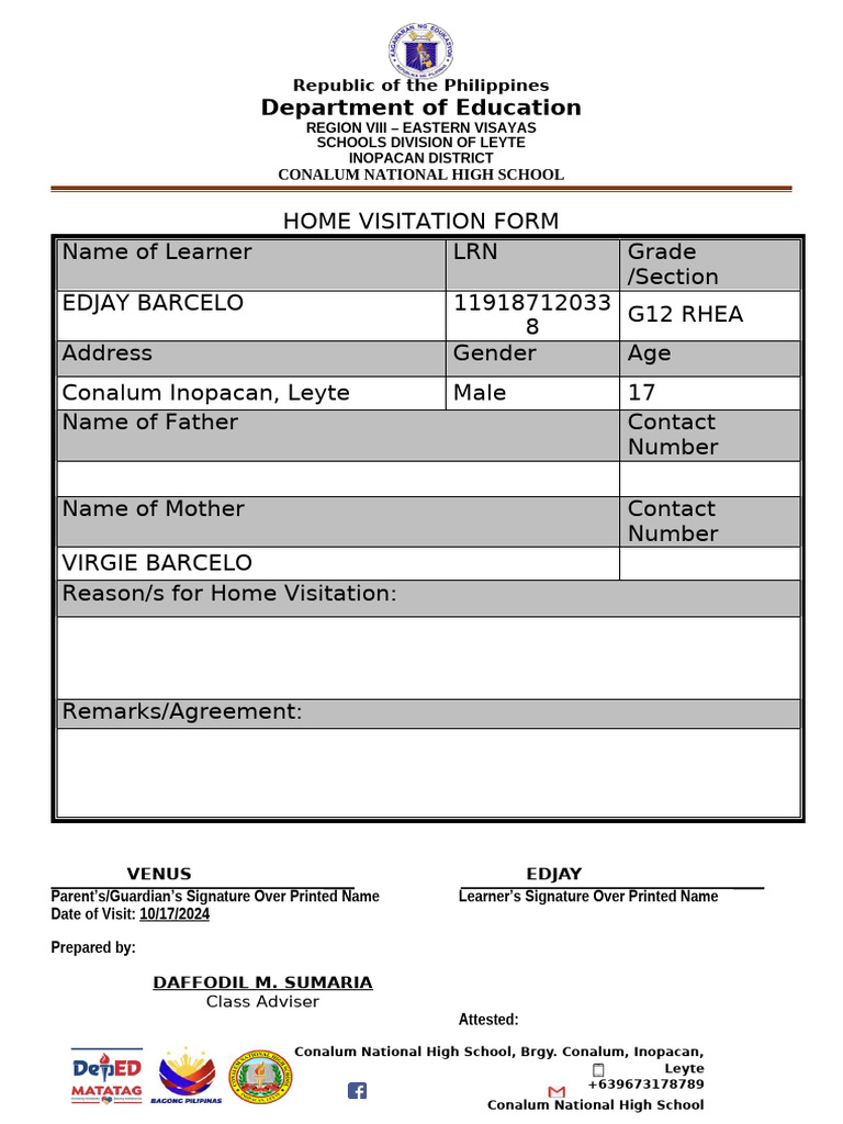 Home Visitation Form 24-25 | PDF | Human Development | Childhood