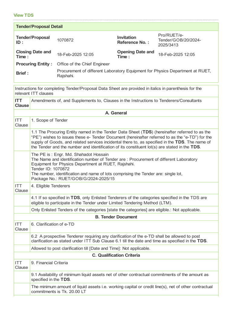 section2_Tender Data Sheet (TDS) 1070872 | PDF | Identity Document | Taxes