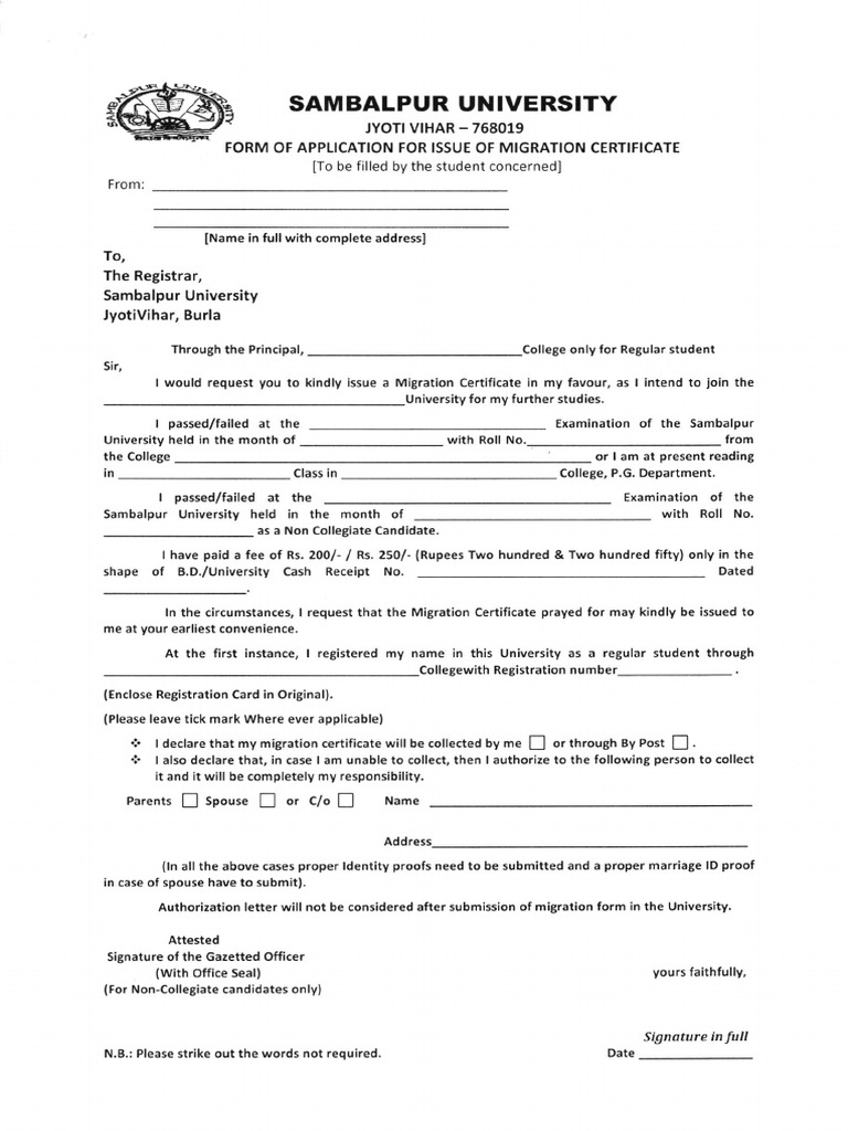 Application For Issue of Migration Certificate | PDF